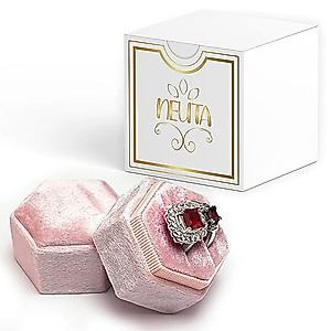 NEUTA Velvet Ring Box - Pink - 2 Slot Exquisite Wedding Ring Bearer Box - Gorgeous Hexagon Wedding Ring Box with Detachable Lid for Proposal, Engagement, Wedding, Ceremony, Storage & Safe Keeping…
