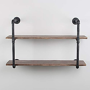 Womio Industrial Pipe Shelving Wall Mounted,Rustic Metal Floating Shelves,Steampunk Real Wood Book Shelves,Wall Shelf Unit Bookshelf Hanging Wall Shelves,Farmhouse Kitchen Bar Shelving(2 Tier,36in)