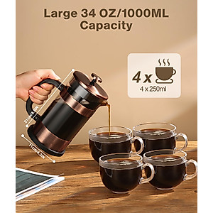 French Press Coffee Maker - 34 Ounce Classice Stainless Steel Coffee Press with 4-Level Filtration System, Heat Resistant Thickness Borosilicate Glass French Press Coffee Pot for Camping Travel Gift