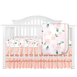 Boho Coral Floral Ruffle Skirt Baby Minky Blanket Peach Floral Nursery Crib Skirt Set Baby Girl Crib Bedding Feather Blanket (Blush Watercolor Floral, 3pc Set)