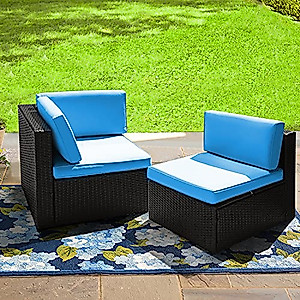 Flamaker 2 Pieces Patio Furniture Set Outdoor Loveseat All Weather PE Rattan Sofa Chair Set Corner Sofa Armless Sofa with Padded Soft Cushion (Blue)