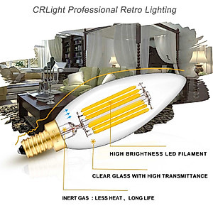 CRLight Dimmable LED Candelabra Bulb 70W Equivalent 700LM, 6 LED Filaments Real 6W LED Chandelier Light Bulbs, 3000K Soft White, E12 Base, B10 Candle Clear Glass Decorative Bulb, Pack of 4