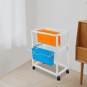 CNCEST 2 Tiers Metal Rolling File Carts, Hanging Files Movable Pull-Out File Cart, With Wheels Metal Carts, For Home Office-White