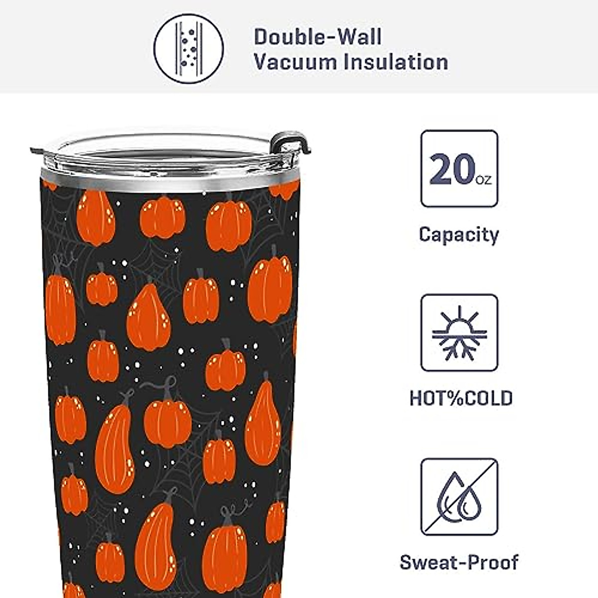 Jihqo Thanksgiving Pumpkin Halloween Design Tumbler with Lid and Straw, Insulated Stainless Steel Tumbler Cup, Double Walled Travel Coffee Mug Thermal Vacuum Cups for Hot & Cold Drinks 12oz