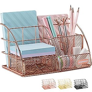 AUPSEN Rose Gold Desk Organizer for Women, Mesh Office Supplies Desk Accessories, Features 5 Compartments + 1 Mini Sliding Drawer