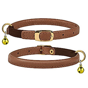 Murom Rolled Leather Cat Collar with Elastic Strap Safety Adjustable Pet Collars for Cats Kitten Yellow Red Pink Blue Orange Brown Gray (Brown)