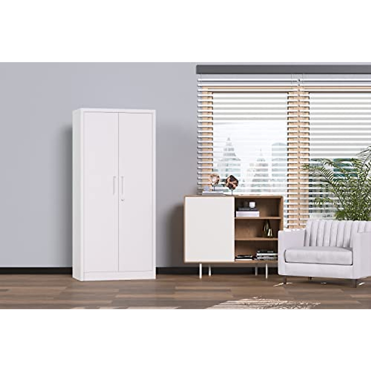 Reemoon Metal Storage Cabinet with Locking Doors and Adjustable Shelves, 71" Tall Steel Storage Cabinet for Home Office, White