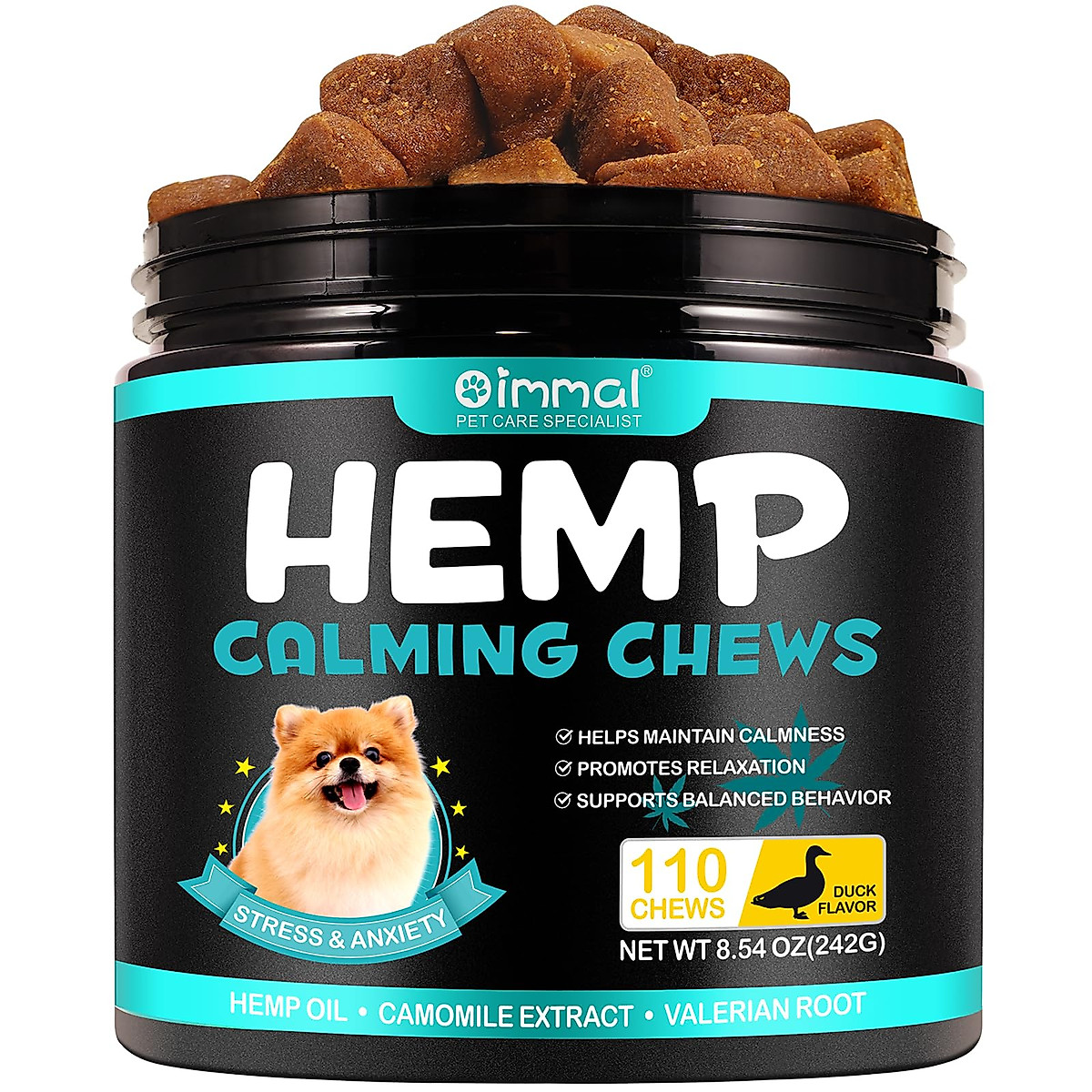 Hemp Calming Chews for Dogs, Calming Treats for Dogs Anxiety Relief 100% Golden Ratio of Natural Ingredients Calming Dog Treats, Calming Aid with Separation, Barking, Thunderstorms (Duck Flavor)