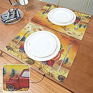Autumn Pumpkin Sunflower Placemats Tables Mats for Kitchen Dining Set of 4 Fall Truck Thanksgiving Double Sided Tablemats Place Mats Farmhouse Tablemats for Holiday Wedding Party Home Decoration