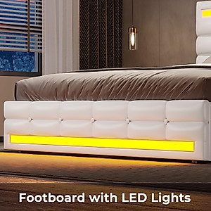 ADORNEVE Queen Bed Frame with Drawers, LED Bed Frame with Charging Station, Pu Leather Platform Bed Frame Queen Size with Storage & LED Lights Headboard Footboard, No Box Spring Needed, White