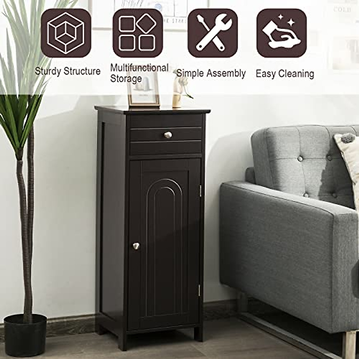 MAXCBD Nightstand Bedside Table Drawer Cabinet Bathroom Floor Cabinet Storage Organizer Free-Standing W/Drawer Brown Bathroom Floor Cabinet Easy to Assemble Storage Tower Dresser