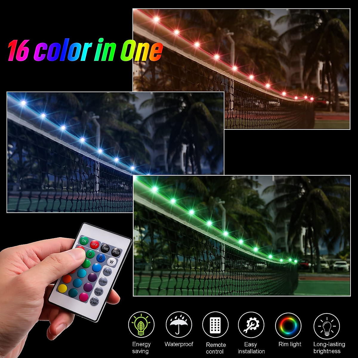Eliteemo LED Badminton Pickleball Net Light, 17Ft Remote Control LED Rim Lights, 16 Color Change, A Good Addition for Playing Junior Tennis, Kids Volleyball, and Backyard Games(Net not Included)