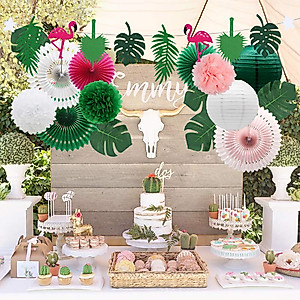 Meiduo Tropical Flamingo Palm Leaves Party Decorations with Paper Fans Paper Lanterns Pom Poms Flowers for Birthday Bridal & Baby Shower Bachelorette Hawaiian Beach Pool Summer (Green)