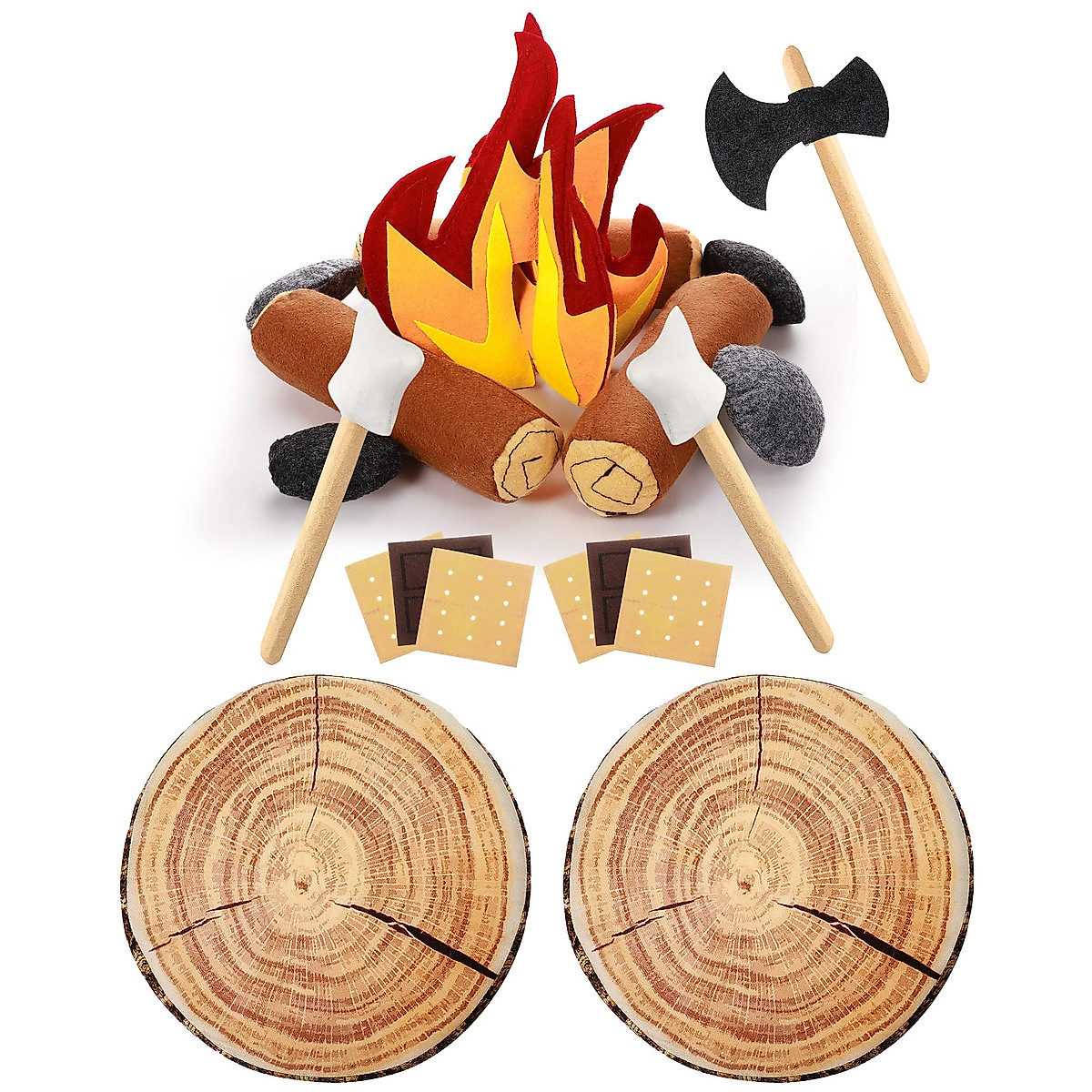 17 Pcs Pretend Camping Play Set, 2 Pcs Decorative Round Throw Pillow, Camping Safe Fake Campfire Plush Wood Shaped Floor Cushion for Adults Dramatic Play Camping Home Outdoor Decorations