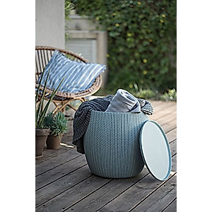 Keter Urban Knit Pouf Ottoman Set of 2 with Storage Table for Patio and Room Décor - Perfect for Balcony, Deck, and Outdoor Seating, Misty Blue & Taupe
