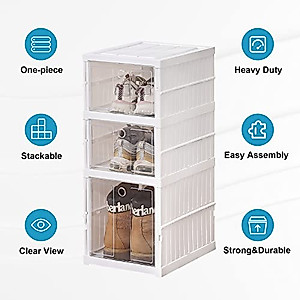 Foldable Shoe Storage Boxes - SYNCVIBE 3 Pack Shoe Storage Organizer with Clear Door Plastic Stackable Shoe Containers Bins with Lids for Closet Space Saving Foldable Sneaker Containers Bins Holders Hat Organizer (3 Pack, White)