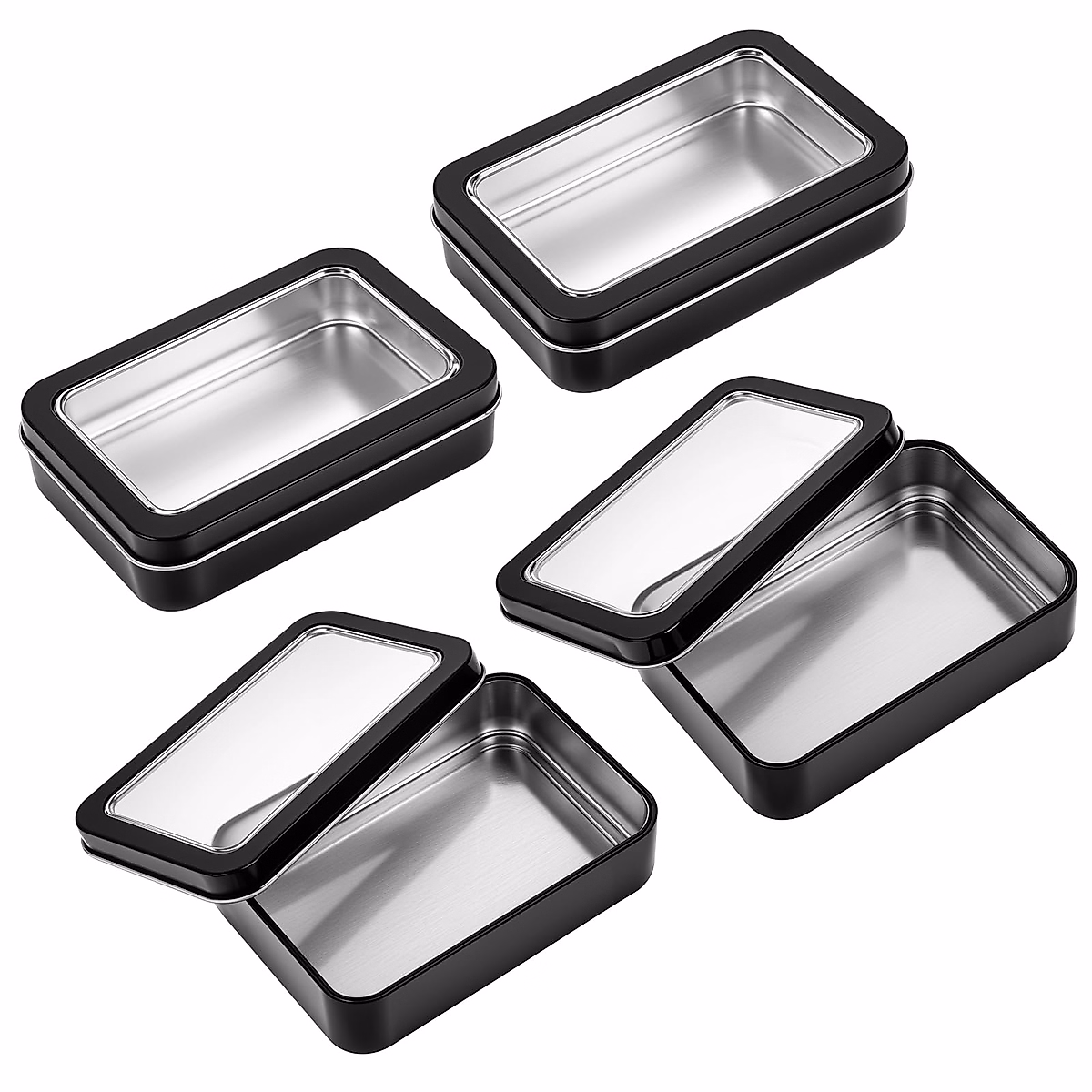 Metal Hinged Tin Box Container, 4 Pieces Rectangular Tin Box Small Storage Box Metal Stash Box Empty Tin Boxes with Removable Clear Window Lid for Candy Jewelry Beads Key Crafts Storage, Black