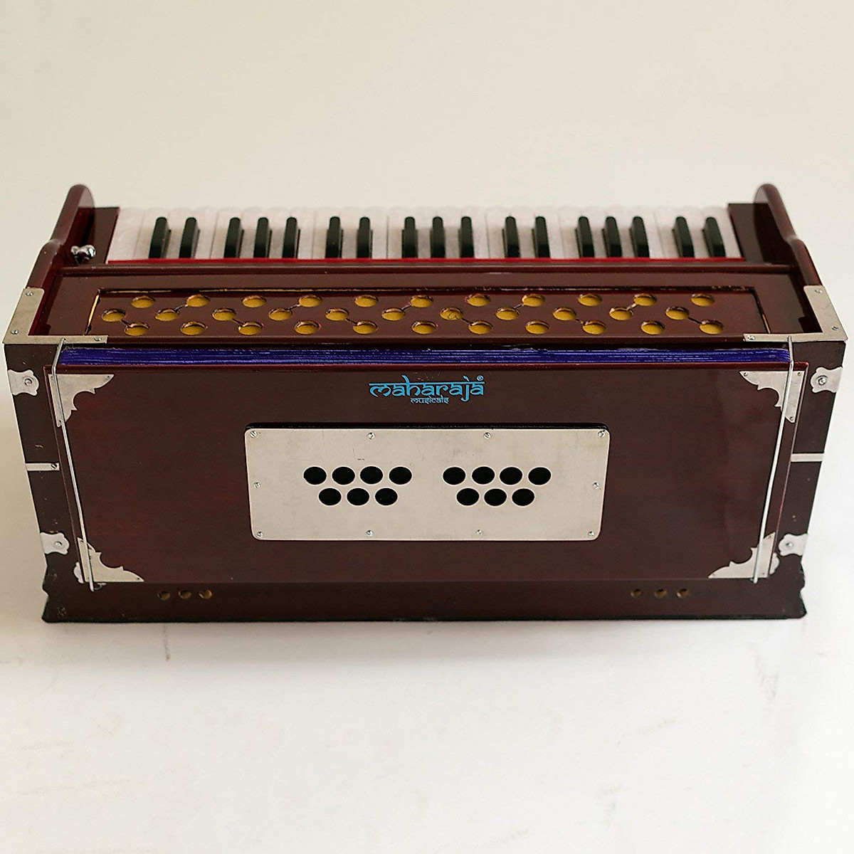 Harmonium Musical Instrument, Maharaja Musicals, 9 Stops, 3 1/2 Octave, Double Reed, Coupler, Dark Mahogany, Standard, Padded Bag, A440 Tuned, Indian Sangeeta Harmonium (PDI-43)