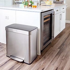 QUALIAZERO 60L/15.8Gal Heavy Duty Hands-Free Stainless Steel Commercial/Kitchen Step Trash Can, Fingerprint-Resistant Soft Close Lid, Rectangle Shape (60L Recycle)