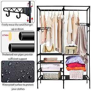 Clewiltess Garment Freestanding Clothes Organizer Closet, Metal Hanging Storage Organizer Rack Wardrobe with Shelves& Hanging Rods,Clothes Hanger Organizer (Black)