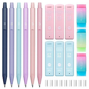 Four Candies Cute Mechanical Pencil Set, 6PCS Pastel Mechanical Pencils 0.5mm & 0.7mm with 360PCS HB Pencil Leads, 3PCS Erasers and 9PCS Eraser Refills, Aesthetic Mechanical Pencils for Girls Writing