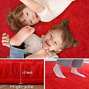BENRON Plush Red Fluffy Rug Ultra Soft Furry Bedroom Rugs Kids Room Carpets Non-Slipping Living Room Rug 4 x 6 Feet, Cozy Bedside Runner Rugs