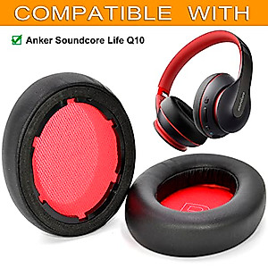 defean Life Q10 Earpads Replacement Ear Cushion Cover Ear Pads Cushion Compatible with Anker Soundcore Life Q10 / Q10 Bluetooth Headset, Softer Leather,High-Density Noise Cancelling Foam (Black-red)