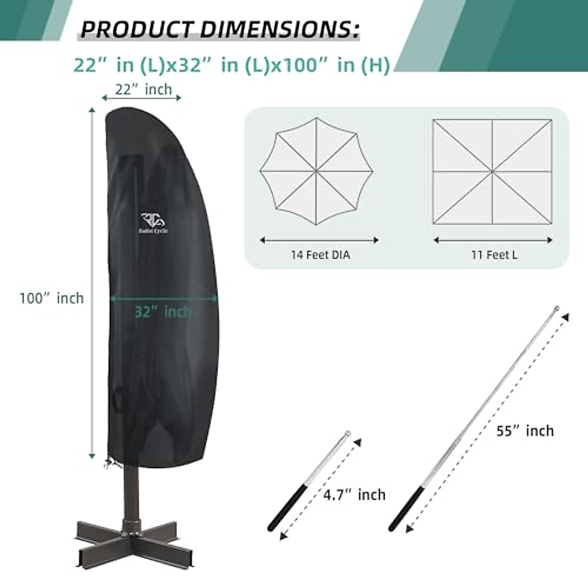 Patio Umbrella Cover, Zadst Cycle Parasol Outdoor Umbrellas Cover for 11ft to 14ft Oxford Fabric, Cantilever Parasol Cover with Zipper and Rod, Heavy Duty Offset Umbrella Cover