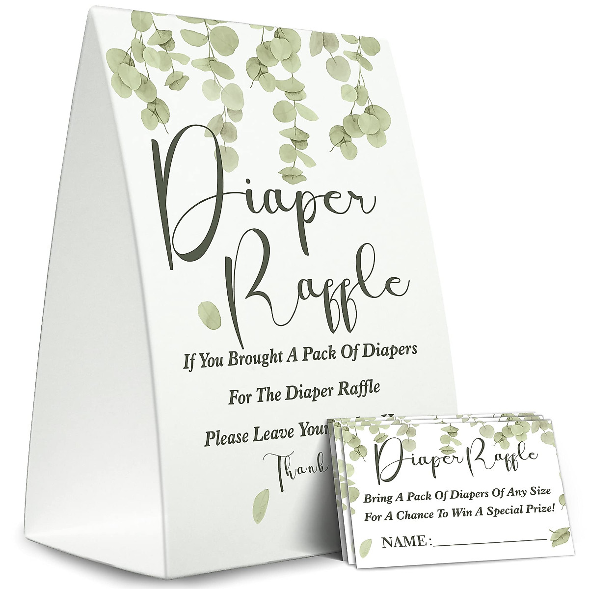 Diaper Raffle Sign,Diaper Raffle Baby Shower Game Kit (1 Standing Sign + 50 Guessing Cards),Greenery Insert Ticket,Baby Showers Decorations,Card for Baby Shower Game to Bring a Pack of Diapers-XN03