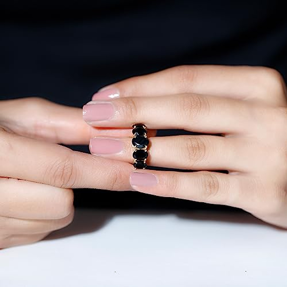 Certified Black Onyx 5 Stone Ring for Women, AAA Quality, Natural Onyx Anniversary Ring - Ready To Gift, 14K Yellow Gold, Size:US 10.00