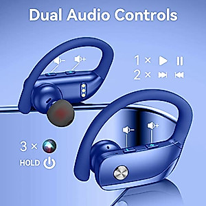 bmani Wireless Earbuds Bluetooth Headphones 48hrs Play Back Sport Earphones with LED Display Over-Ear Buds with Earhooks Built-in Mic Headset for Workout Blue