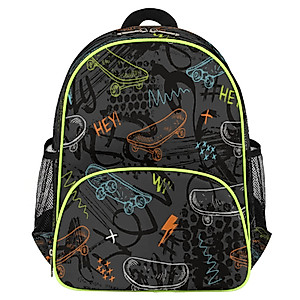 Urban Style Skateboards Kids Backpack, 14'' Cool Sport Toddler Primary Student Schoolbag, Boys Girls Waterproof Casual Bookbag Travel Hiking Bags