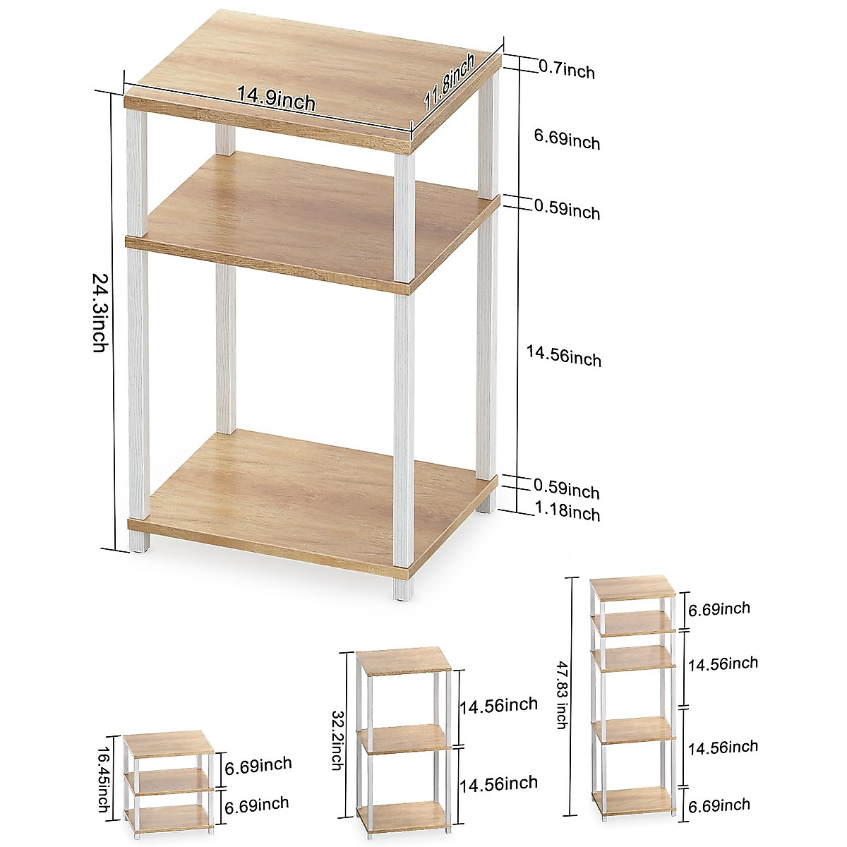 WOODYNLUX Nightstands Set of 2, 3-Tier Side Table, End Table with Shelves, Tall Bedside Tables, 5-Tier Shelf Bookcase, Nightstand Accent Table for Living Room, Bedroom, Beech.