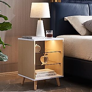 i-aplus LED Wooden Nightstand with Glass Storage Shelf, 3 Layers Bedside Table, 3 Types LED Color Temperature, White (A13-1LZH)