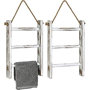 MyGift 3-Tier Wall Hanging Towel Ladder - Farmhouse Whitewashed Wood Mini Hand Towel Rack with Top Rope, Set of 2