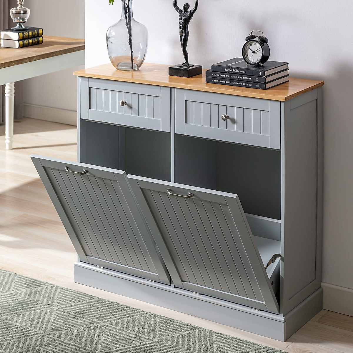 Double Trash Cabinet Tilt Out 20 Gallon, Pet Proof Kitchen Trash Cabinet Laundry Hamper with Cutting Board, Wood Garbage Recycling Station Hideaway Trash Holder Drawers (Grey)
