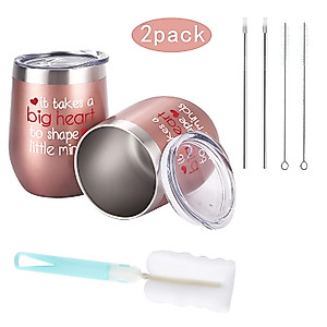 GINGPROUS 2 Pack Teacher Appreciation Gifts in Bulk, It Takes a Big Heart Wine Tumbler Set, Birthday Christmas Teacher Gifts for Teachers Women,12 Oz Stainless Steel Wine Tumbler with Lid, Rose Gold