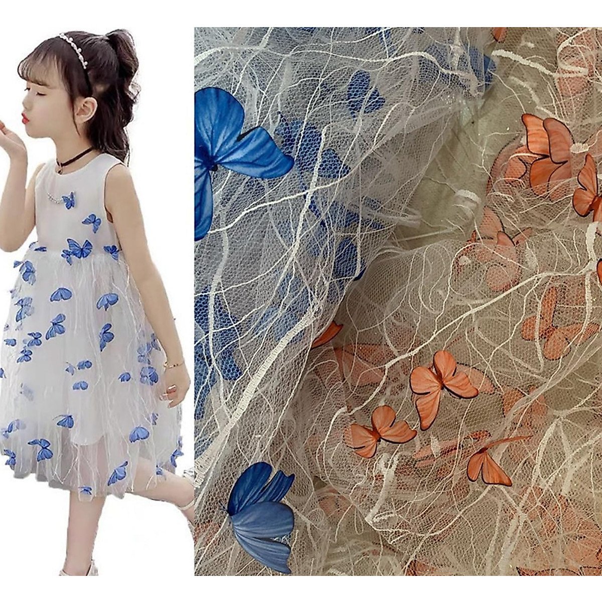 2Yards White mesh Blue Fantasy Butterfly Embroidery Lace White Mesh Fabric DIY Beautiful Creative Skirt Dress Decoration Fabric(White)
