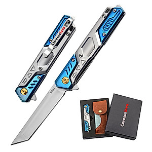 Generic Premium Folding Pocket Knife, M390 Steel Blade Knife for Men, with Pocket Clip and Leather Knife Sleeve, Window Breaker, Outdoor Emergency Tools, Blue, ZHQ07001