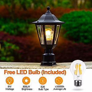 FUDESY Outdoor Post Light, Exterior Lamp Post Light Fixture with Pier Mount Base, Waterproof Pole Lantern Lighting with E26 Socket, Matte Black Plastic Lamp for Garden Patio Pathway(Bulb Included)