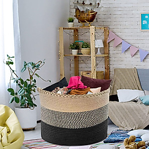 Large Woven Cotton Rope Basket - 22" x22"x 14", Baby Laundry Basket, Blanket Basket, Storage Baskets, Home Organizing Bins and Nursery Decor with Handle for Blankets, Toys, Clothes