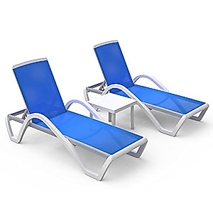 Domi Patio Chaise Lounge Chair Set of 3,Outdoor Aluminum Polypropylene Sunbathing Chair with Adjustable Backrest,Arm,Side Table,for Beach,Yard,Balcony,Poolside(2 Blue Chairs W/Table)