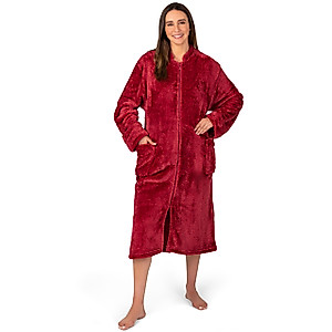 PAVILIA Womens Housecoat Zip Robe, Sherpa Zip Up Front Robe Bathrobe, Fuzzy Warm Zipper House Coat Lounger for Women Ladies Elderly with Pockets, Fluffy Fleece Long - Wine Red (Large/X-Large)