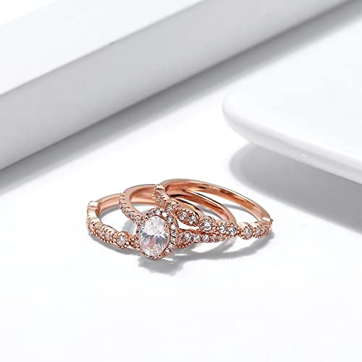 Ginger Lyne Collection Porsha 3 Ring Rose Gold over Sterling Oval Engagement Wedding Band Bridal Set Size 8