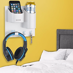 OKOMATCH Bedside Shelf Caddy Drink Beer Holder Can Wall Mounted | Adhesive Stick On | 3 Hooks Drain Hole Design Cellphone Organizer | Gaming RV Boat Bedroom Office