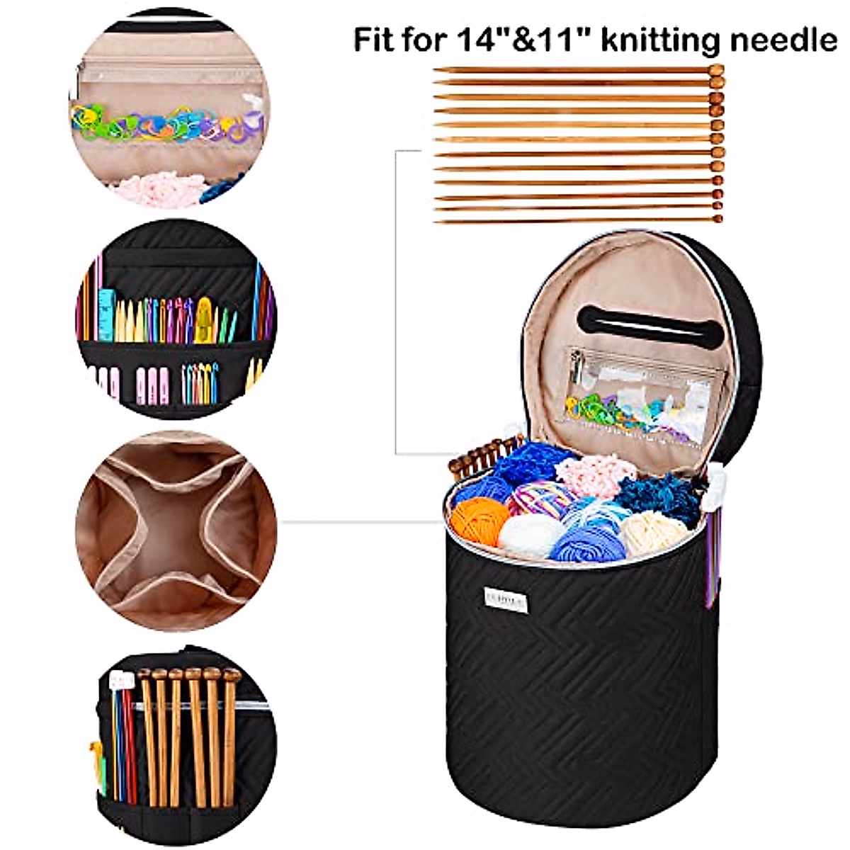 Yarn Bag,Leudes Crochet Tote Knitting Bag Water Resistant Yarn Storage Organizer Holder Case for Crochet Hooks Needles Knitting Kit for Beginners (Black)