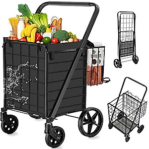 Spurgehom Grocery Cart on Wheels Folding Shopping Carts for Groceries 140L Jumbo with Removable Liner and Double Basket,360° Rolling Laundry Cart Lightweight Trolley for Seniors 280lb Capacity