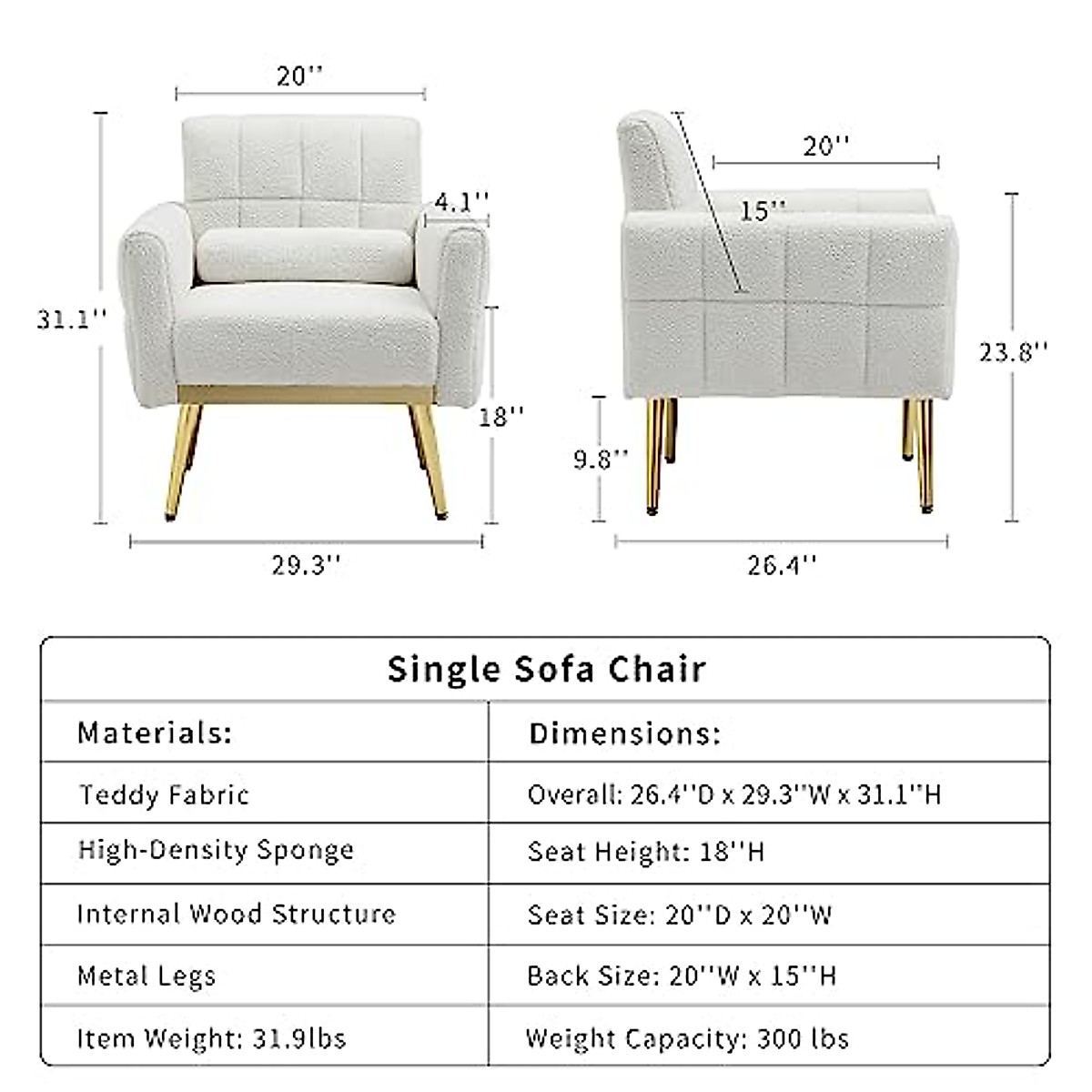 ODUSE-DAILY White Modern Accent Chairs for Living Room, Beige Teddy Fabric Arm Chair, Ivory Cream Single Sofa Chair Couch, Gold Metal Legs, for Living Room Bedroom Office Leisure (1Pcs, White)