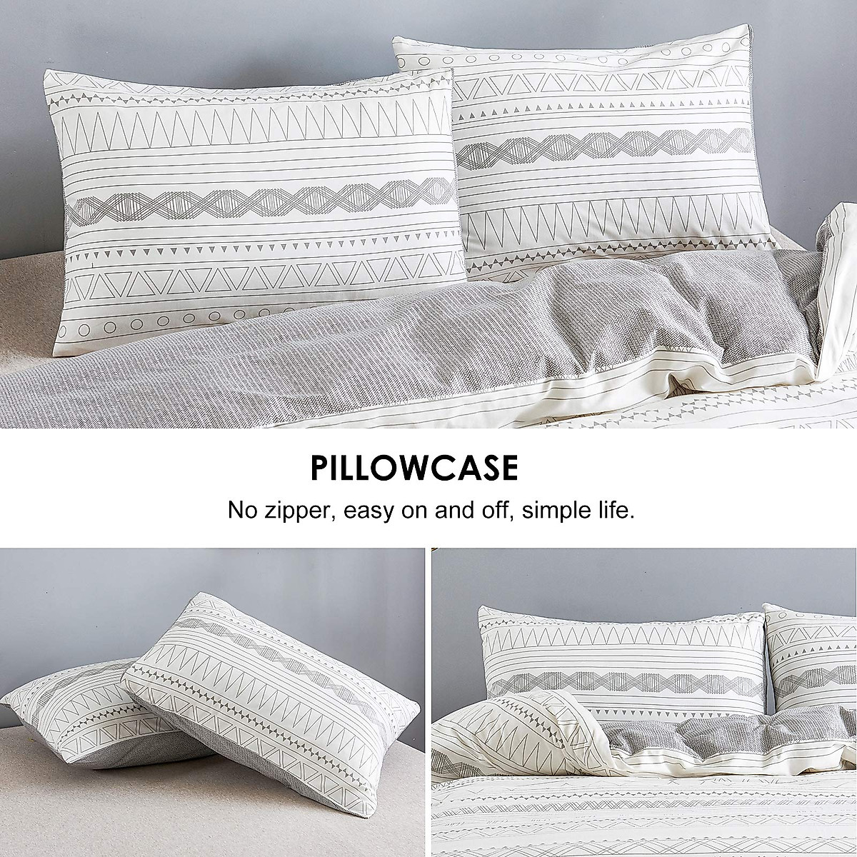 WARMDERN Grey Stripe Boho Duvet Cover Set Queen, 3pcs Ultra Soft Breathable Aztec Cotton Comforter Cover with Zipper Ties, 1 Bohemian White Duvet Cover & 2 Pillowcase(Queen,Grey)