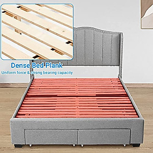 Capacmkseh Queen Platform Bed Frame with Headboard and 3 Storage Drawers on Wheels, Fabric Upholstered Headboard Beds Mattress Foundation with Wood Slat Support, No Box Spring Needed, Easy Assembly